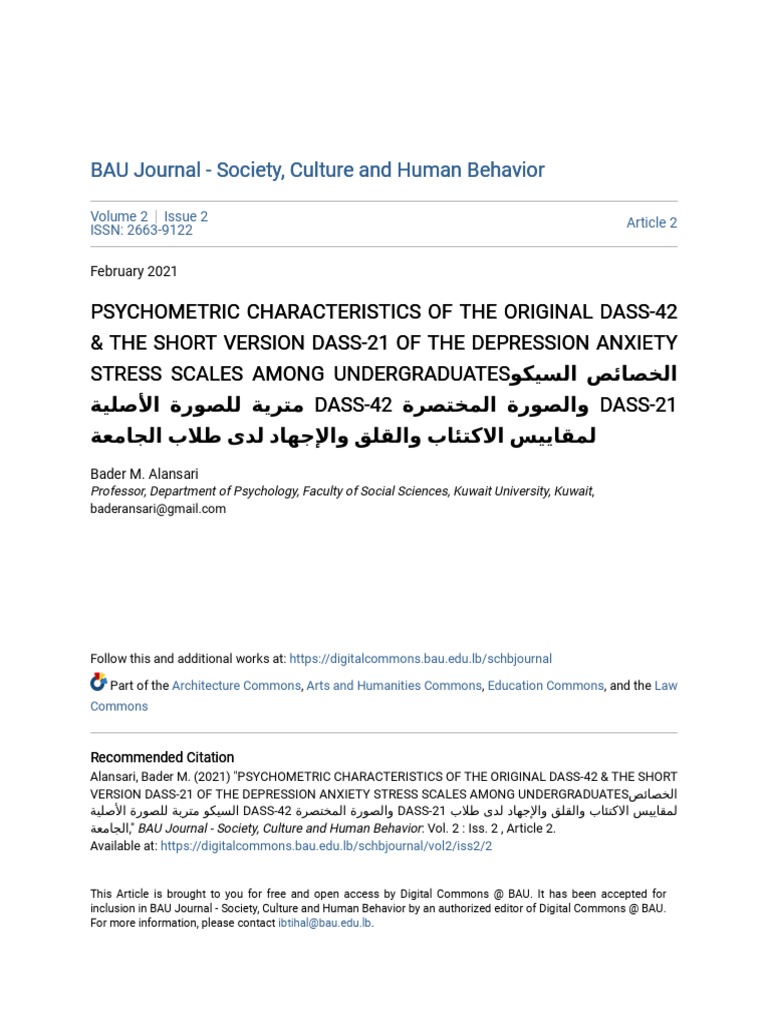 Psychometric Characteristics of The Original Dass-42 & The Short | PDF ...