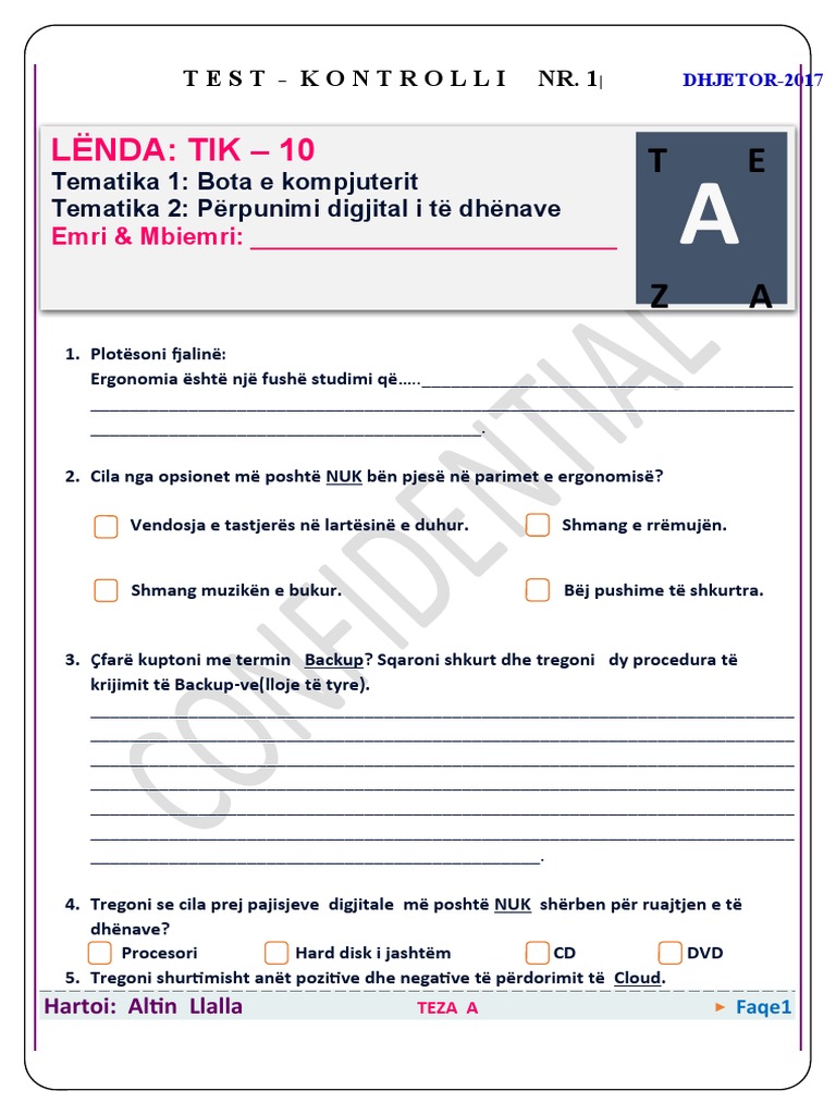 Test-Kontrolli NR 1 - Teza A-Tik - 10 - 2017-2018 | PDF