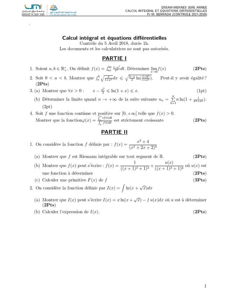 Corrigé Contrôle Calcul Intégral ENSAM 2018 | PDF | Intégral | Équations