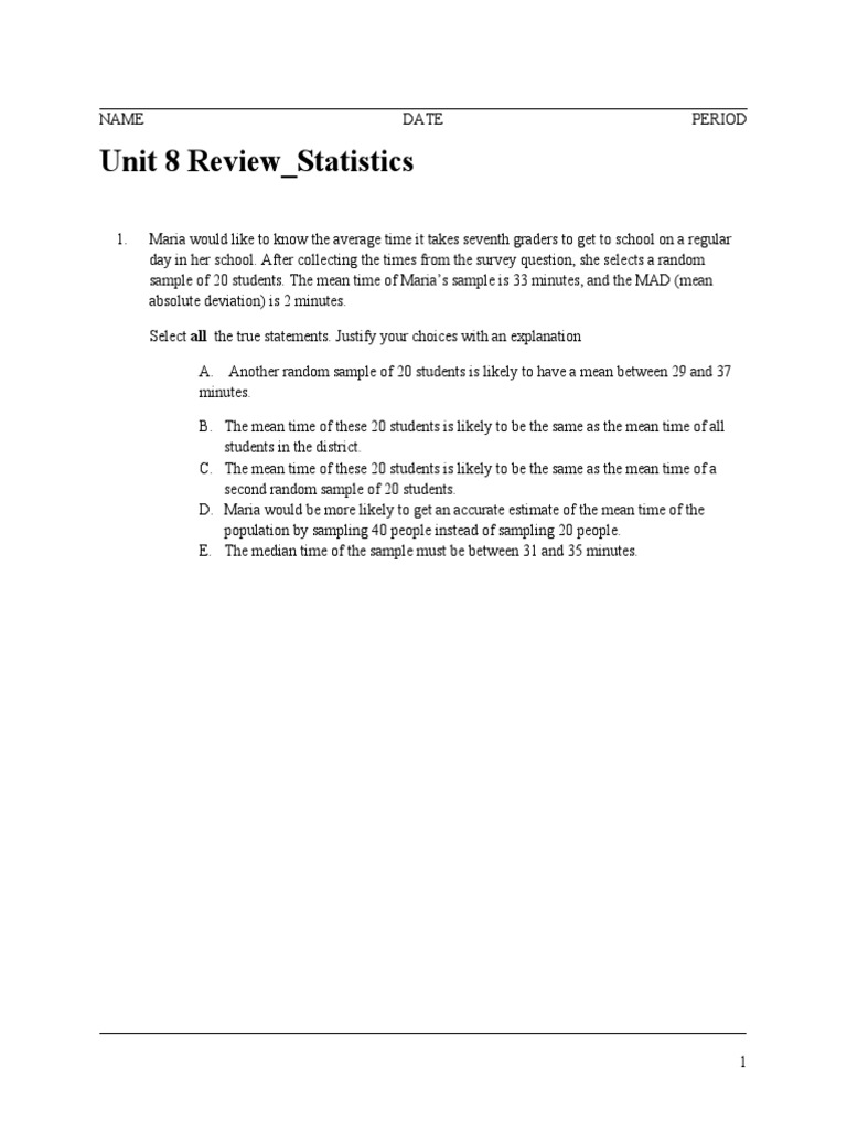 Unit 8 Review - Statistics | PDF | Median | Statistical Theory
