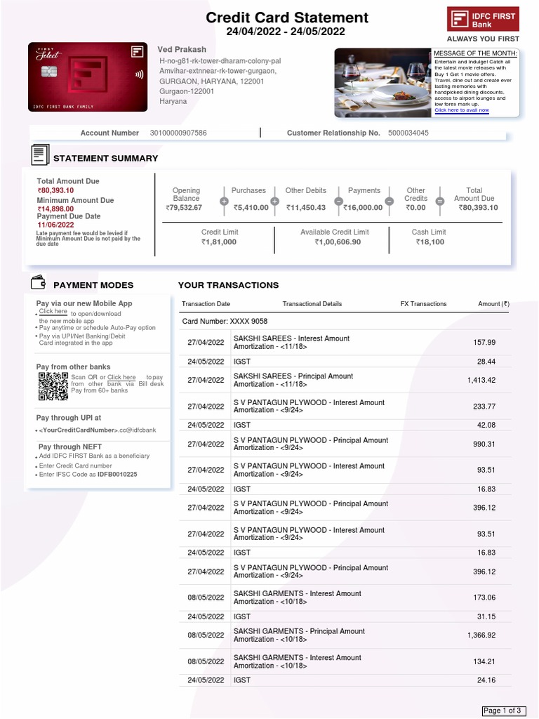 IDFC FIRST Bank Credit Card Statement 24052022 | PDF | Credit Card ...
