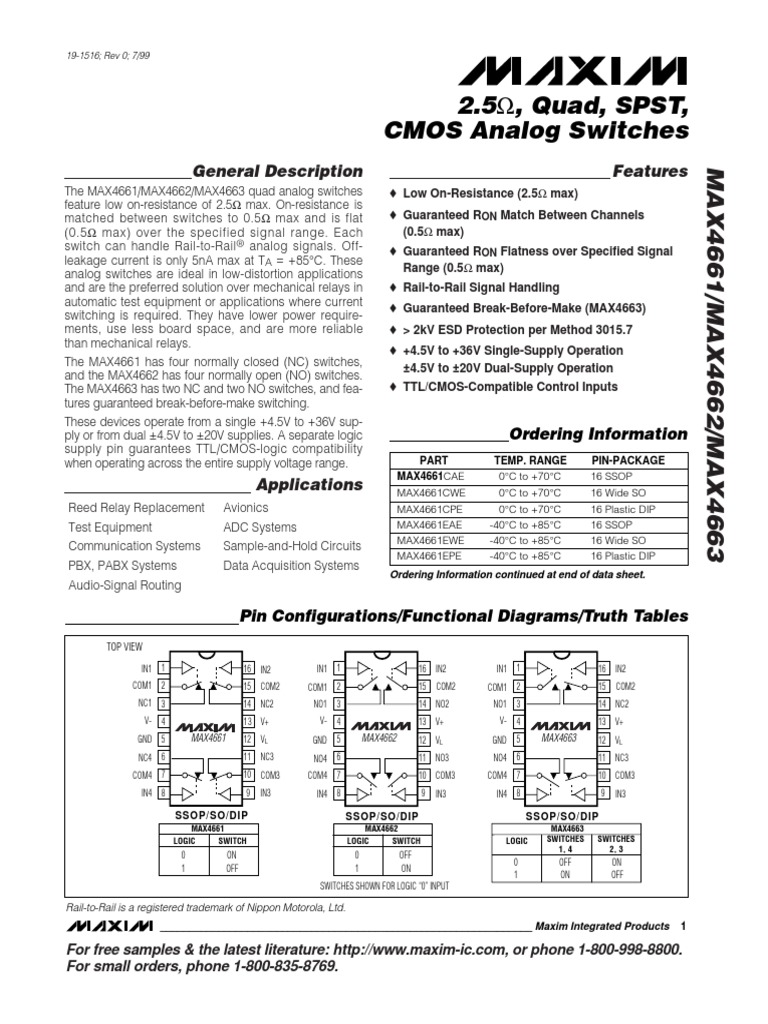 2.5, Quad, SPST, CMOS Analog Switches: General Description Features | PDF | Switch | Relay