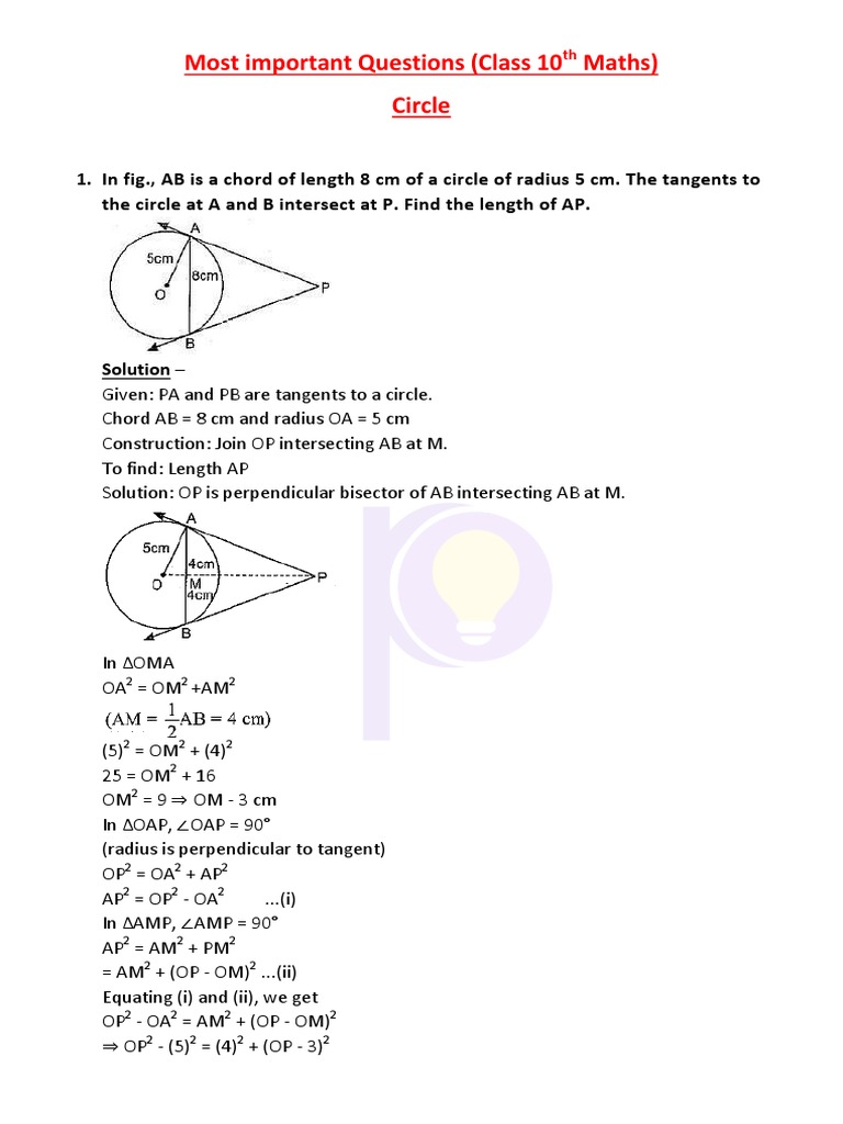 Most Important Questions (Class 10 Maths) Circle | PDF | Circle | Triangle