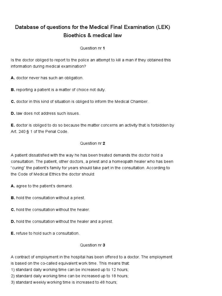 Database of Questions For The Medical Final Examination (LEK) Bioethics ...