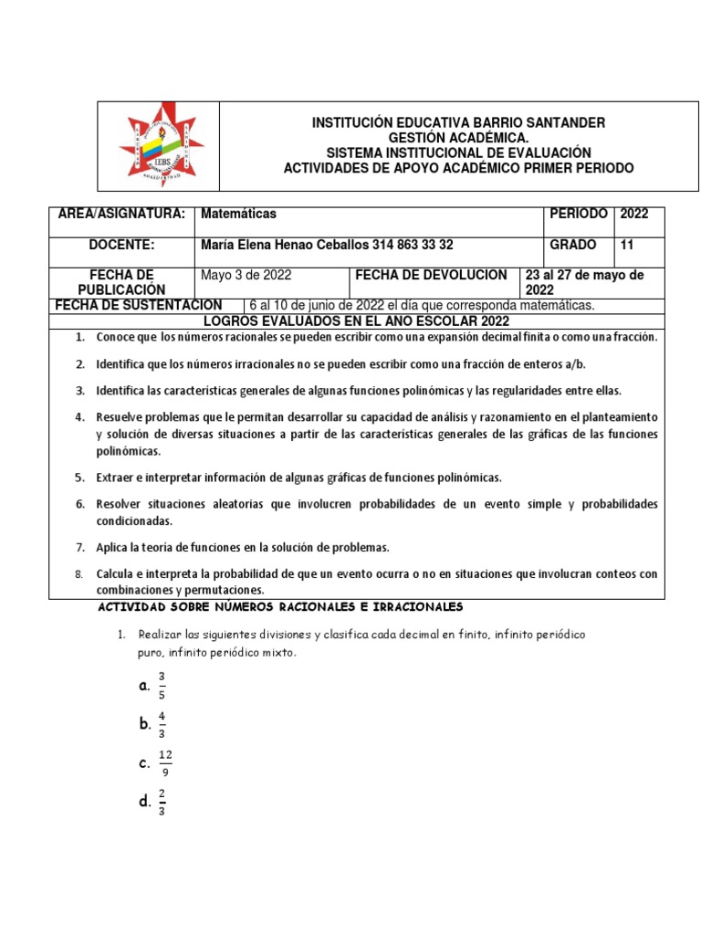 Actividades Matemáticas Grado 11 | PDF | Números | Probabilidad