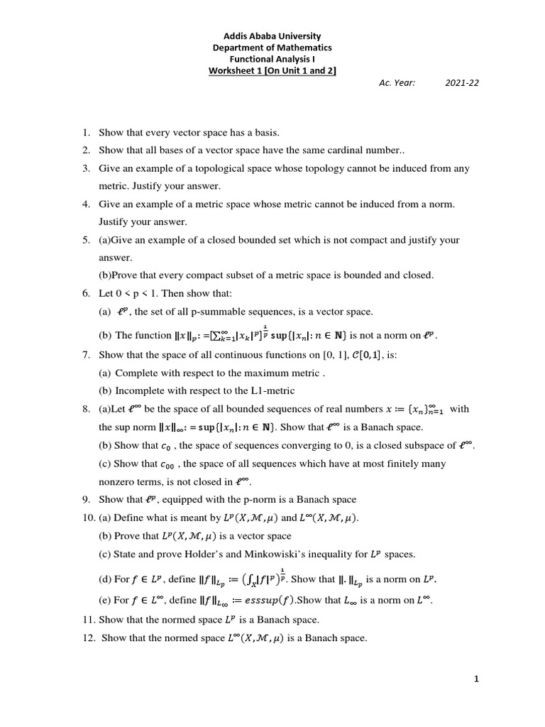 Functional Analysis Worksheet | PDF | Space | Metric Space