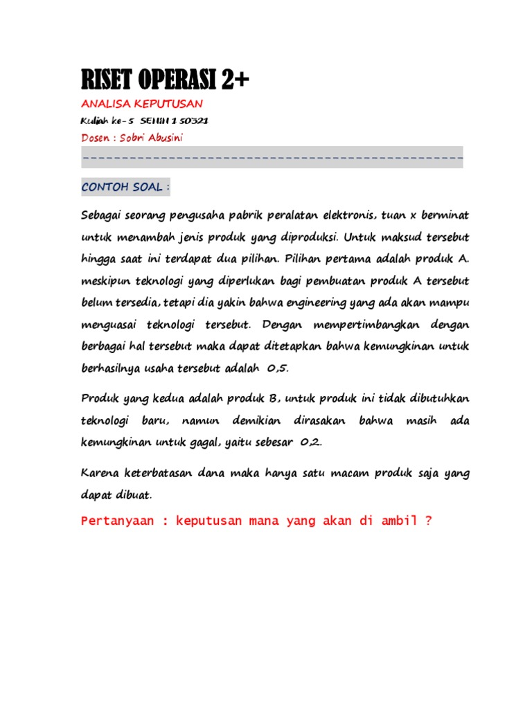 Kuliah Ke-5 Analisa Keputusan (Contoh) | PDF