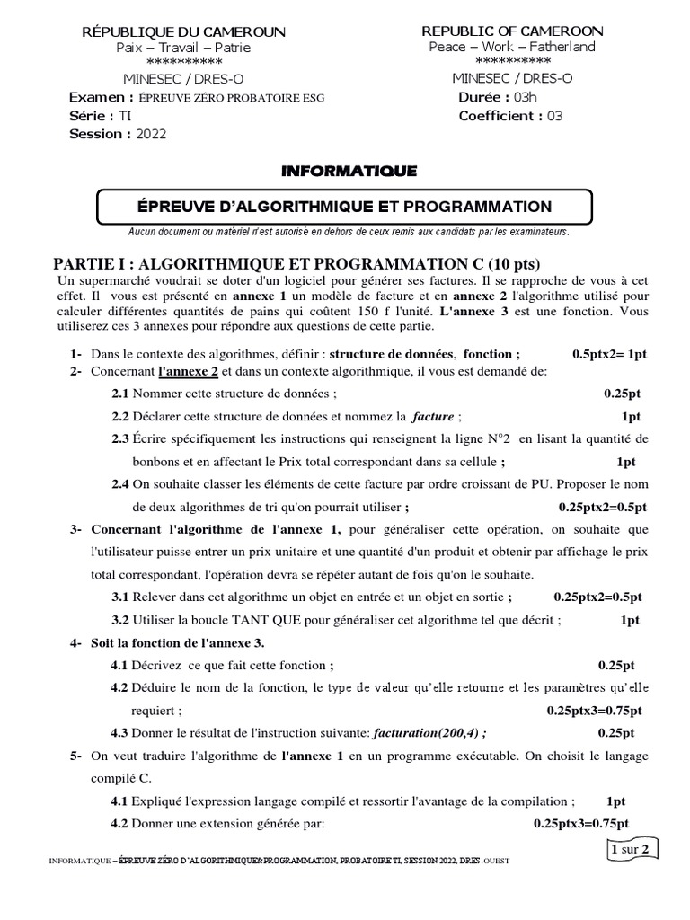 Sujet Épreuve Zéro Informatique - Ouest PROB ESG TI ALGO&PROGRAMMATION | PDF | Langage de ...