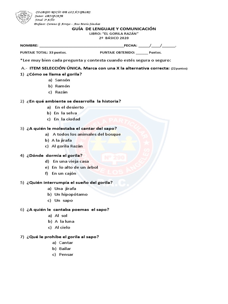 Evaluacion Lect. Complementaria El Gorila Razan 2 A y B 6a Semana | PDF | Estudios de idiomas ...