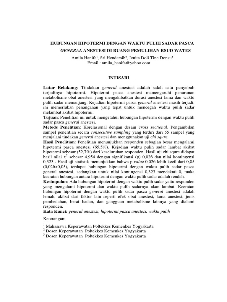 Hubungan Hipotermi Dengan Waktu Pulih Sadar Pasca General Anestesi Di ...