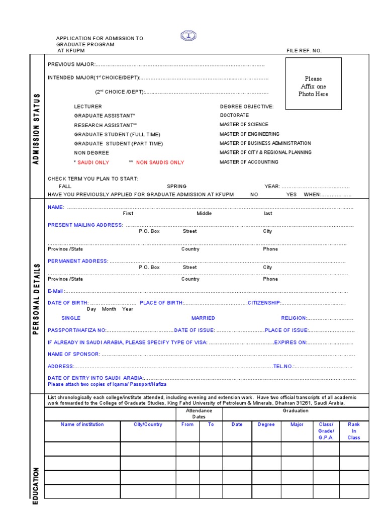KFUPM Graduate Admission Application Form | PDF | Graduate School | Postgraduate Education