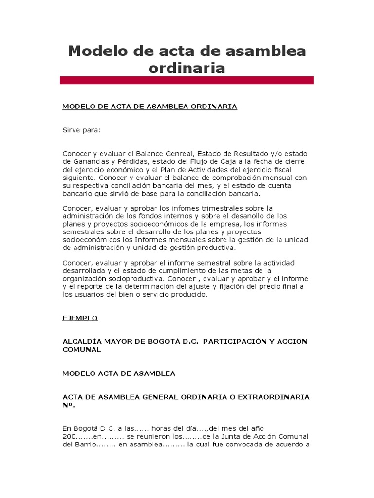 Modelo de Acta de Asamblea Ordinaria | PDF