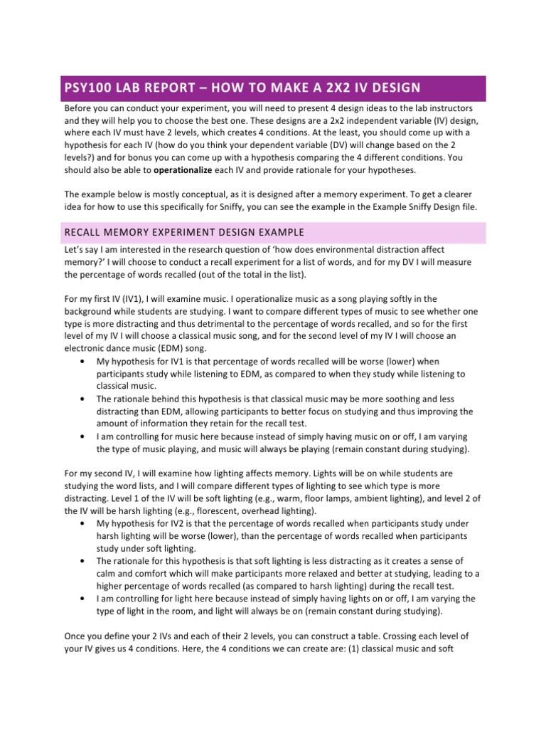 Psy100 Lab Report - How To Make A 2X2 Iv Design: Recall Memory Experiment Design Example | PDF ...