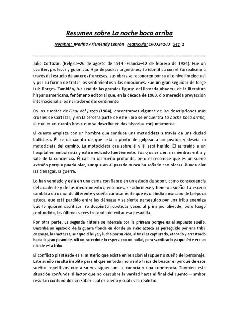 La Noche Boca Arriba de Julio Cortazar | PDF