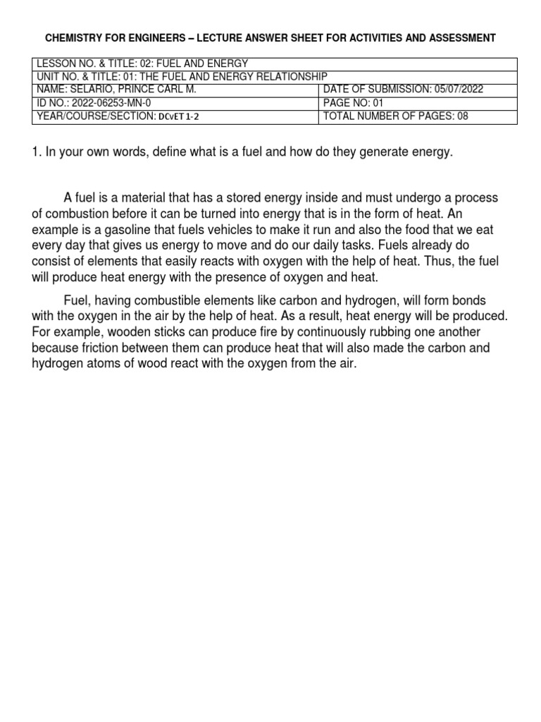 Chemistry For Engineers - Lecture Answer Sheet For Activities and ...
