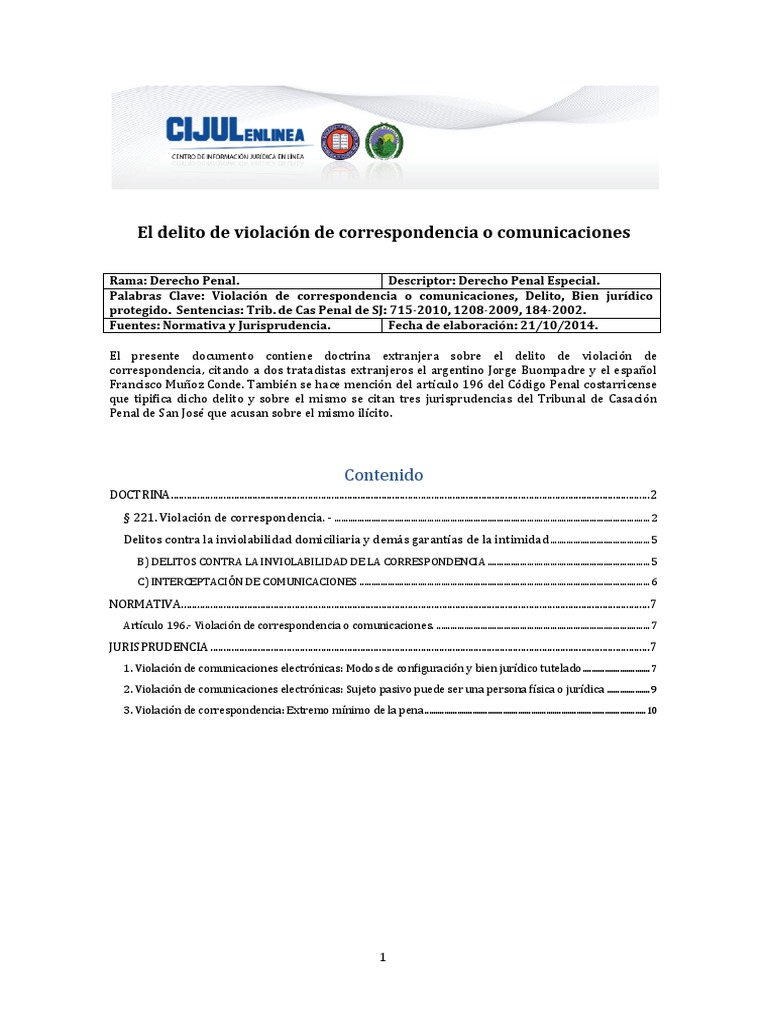 El Delito de Violacion de Correspondencia o Comunicaciones | PDF | Violación | Derecho penal