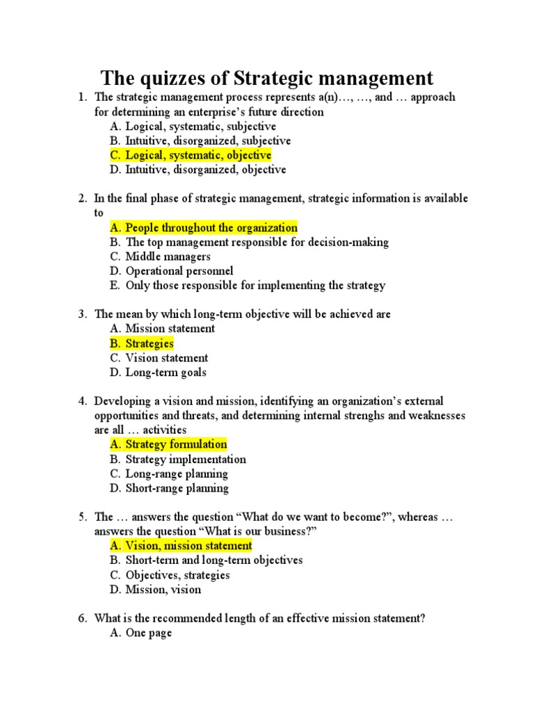 The Quizzes of Strategic Management | PDF | Strategic Management | Swot ...