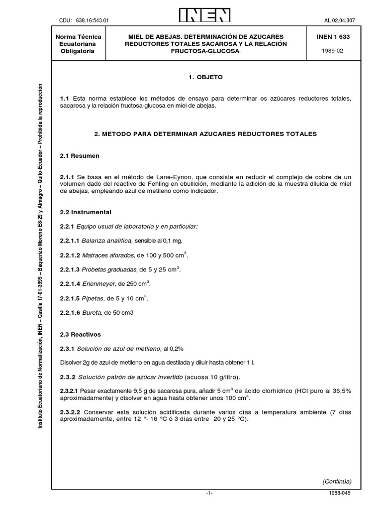 Norma Inen. Miel de Abjeas | PDF | Química | Valoración