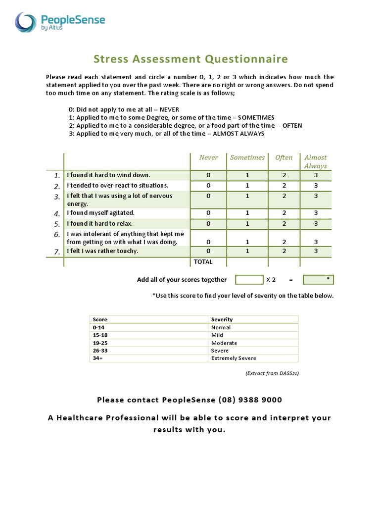 Stress Assessment Questionnaire Tool | PDF | Psychology | Psychological ...