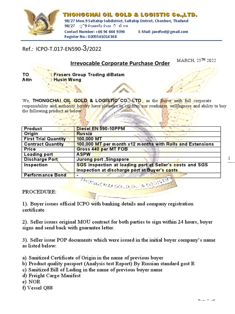 Ref.: ICPO-T.017-EN590-/2022: Irrevocable Corporate Purchase Order | PDF