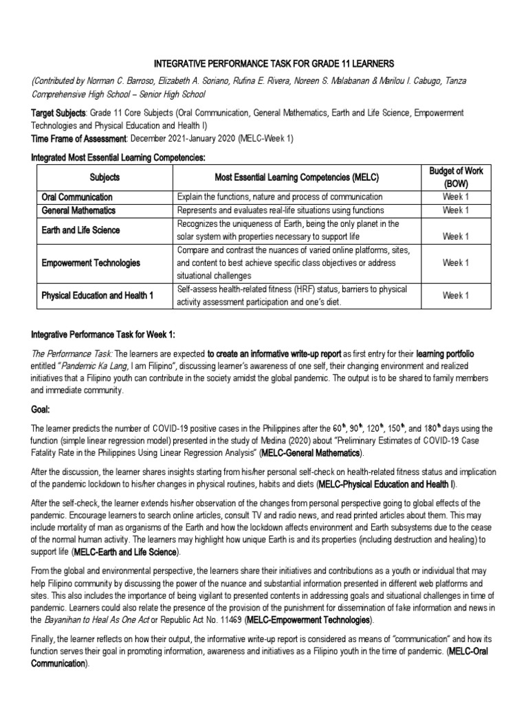 Grade 11 Integrative Performance Task Write Up Report | PDF | Learning | Communication