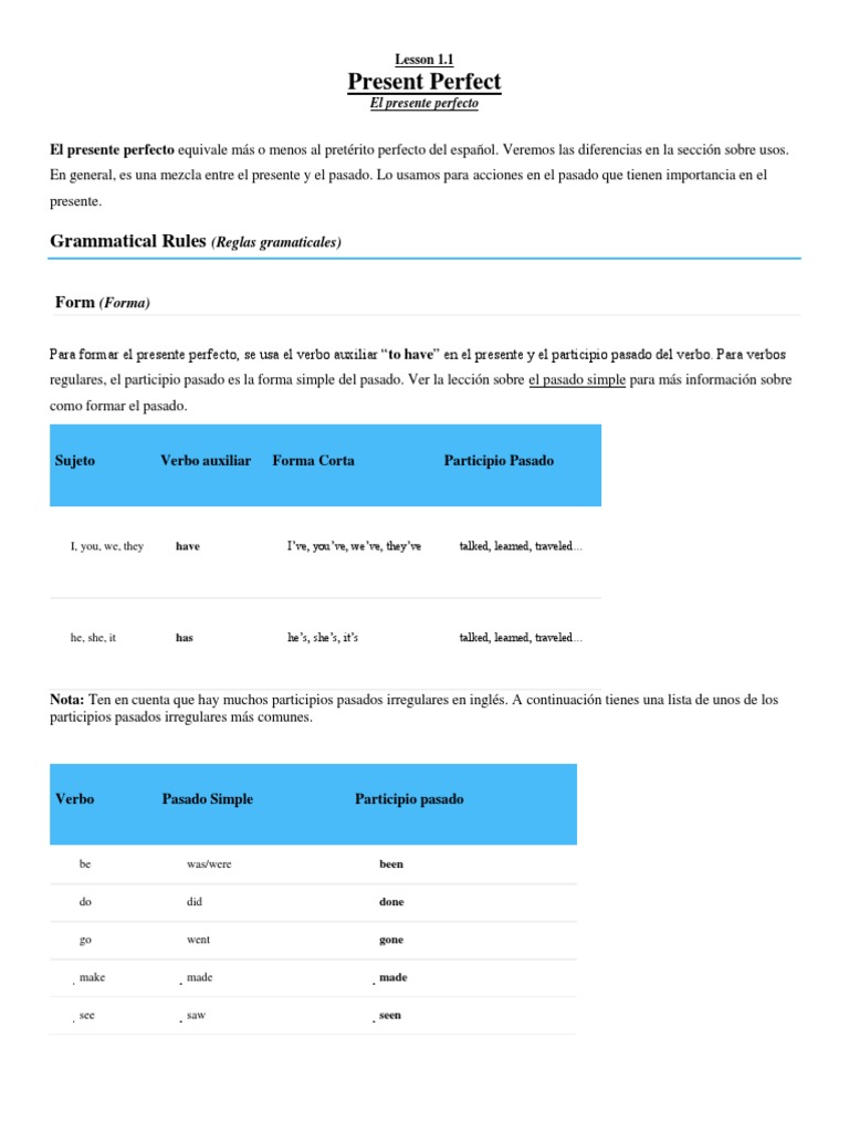 Lesson 1.1. - Present Perfect | PDF | Verbo | Mecánica del lenguaje