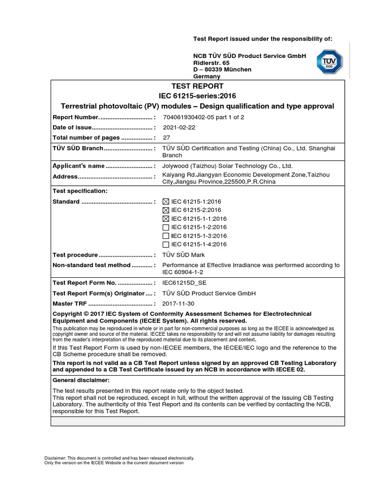 Test Report IEC 61215-Series:2016 Terrestrial Photovoltaic (PV) Modules ...