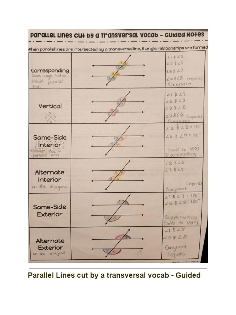 Parallel Lines Cut by A Transversal Vocab | PDF