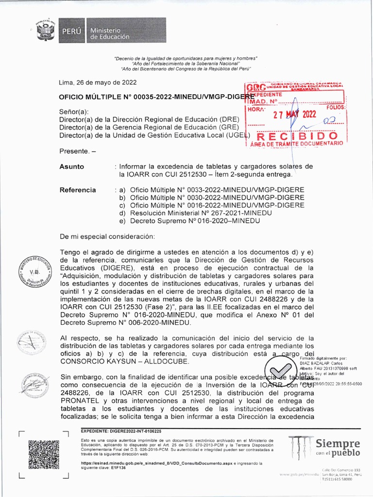 Cargo Oficio Multiple 35-2022 Minedu Ugel Hualgayoc | PDF