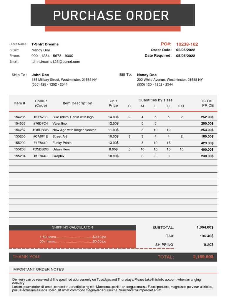 T Shirt Purchase Order Template | PDF