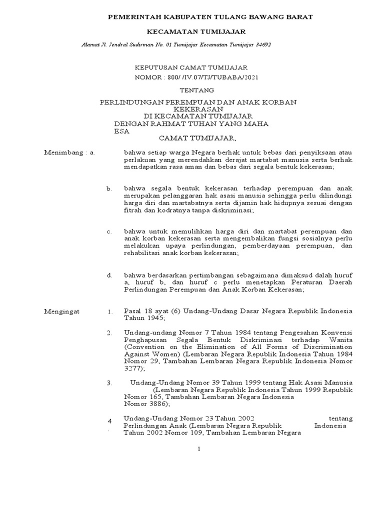 cONTOH Peraturan Camat TTG PERLINDUNGAN PEREMPUAN DAN ANAK | PDF