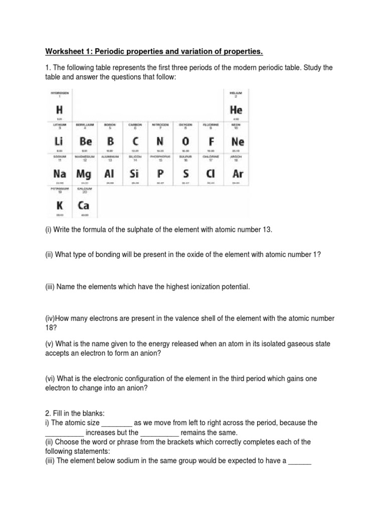 Worksheet 1: Periodic Properties and Variation of Properties | PDF ...