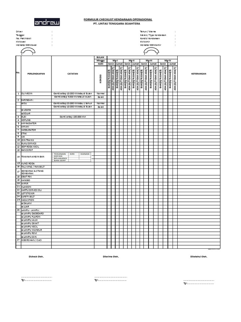 Form Ceklist Kendaraan Operasional - Rev. 1 | PDF
