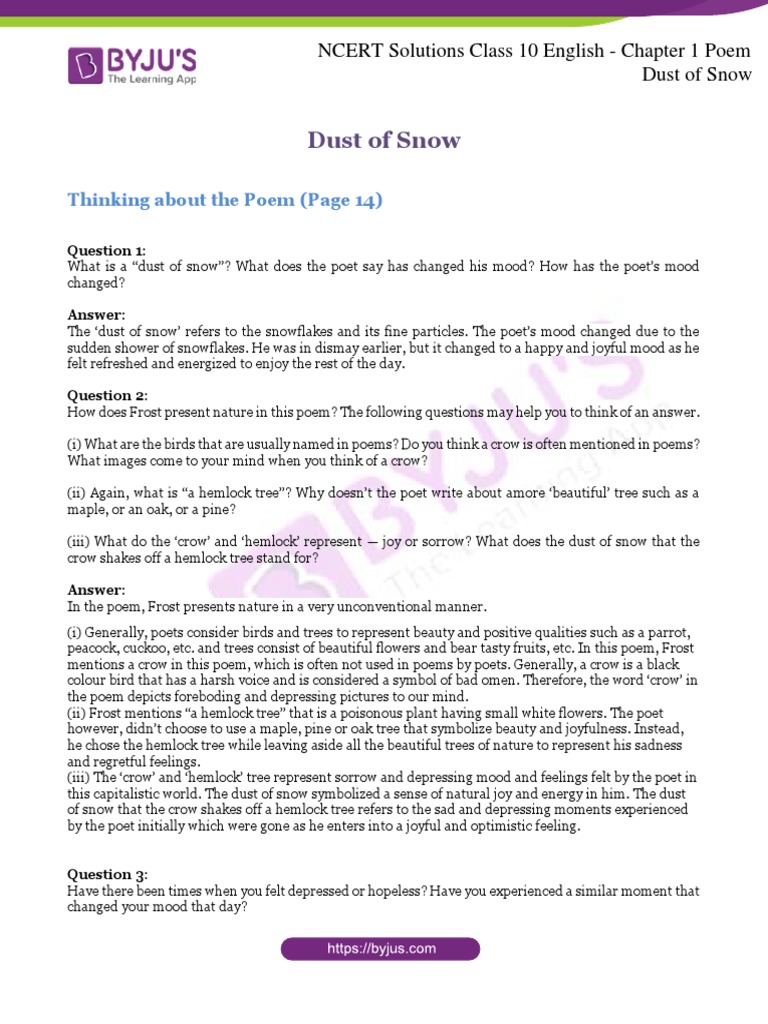 NCERT Solutions Class 10 English - Chapter 1 Poem Dust of Snow | PDF