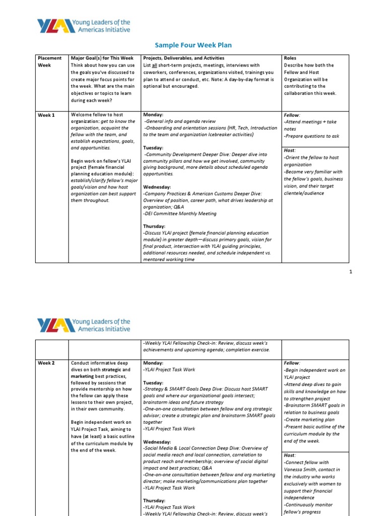 Sample Four Week Plan: Placement Week Major Goal(s) For This Week ...