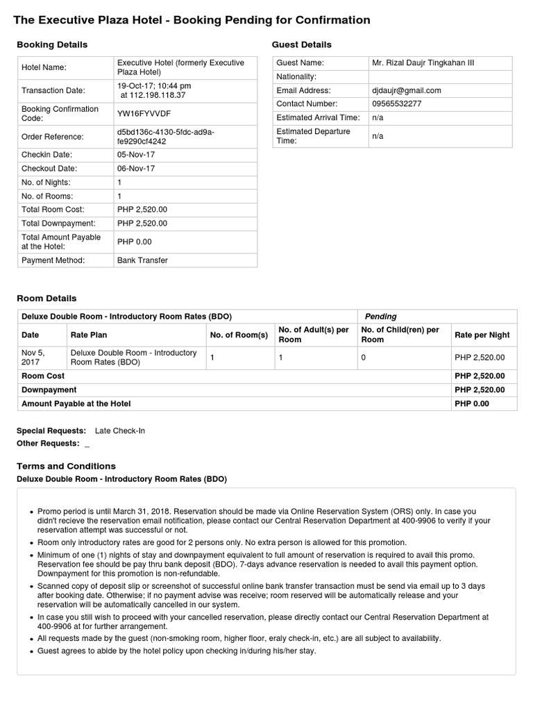 The Executive Plaza Hotel - Booking Pending For Confirmation | PDF ...