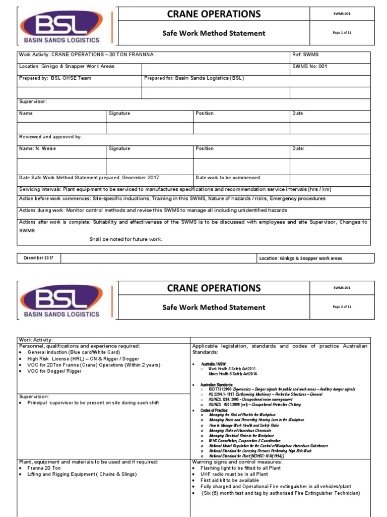 001 - SWMS - Crane Operations - Franna | PDF | Personal Protective ...