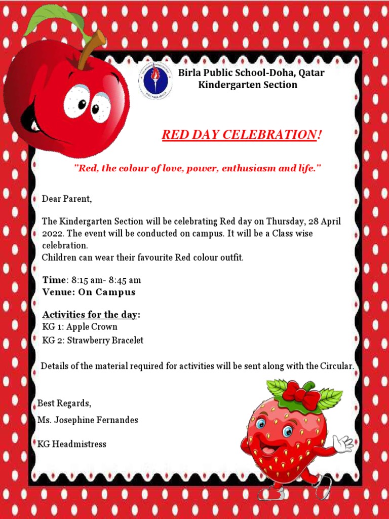 Red Day Celebration Notice for Parents | PDF