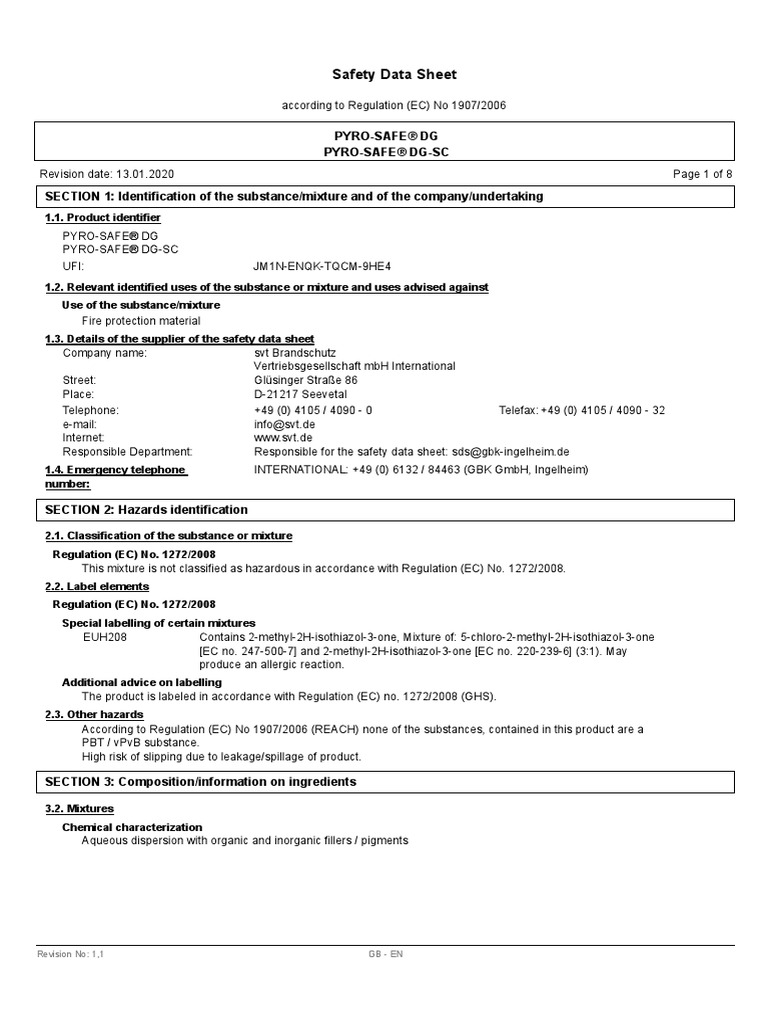 Safety Data Sheet: Pyro-Safe® DG Pyro-Safe® DG-SC | PDF | Dangerous Goods | Toxicity