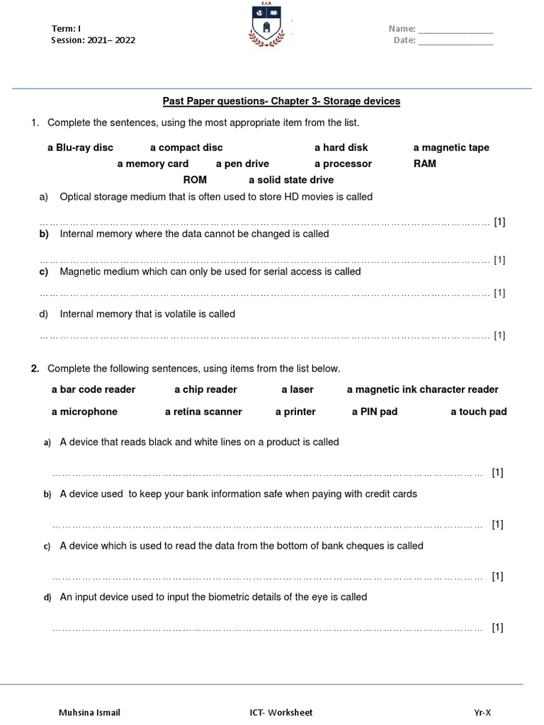 Past Paper Worksheet Chapter 3 | PDF | Computer Data Storage ...