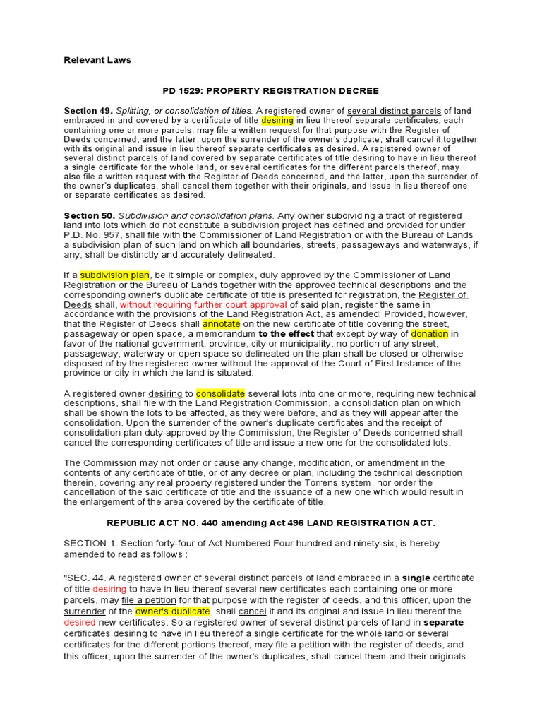 Relevant Laws PD 1529: Property Registration Decree | PDF | Land Lot ...