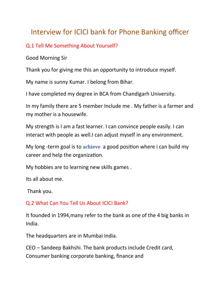 Interview For ICICI Bank For Phone Banking Officer | PDF | Banks ...