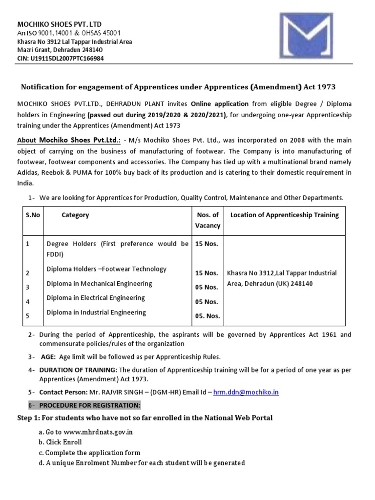 Notification For Engagement of Apprentices Under Apprentices (Amendment ...