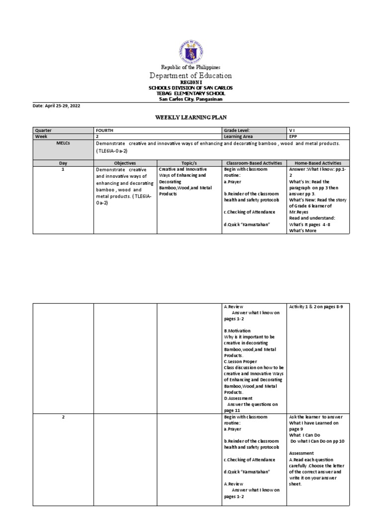 Department of Education: Weekly Learning Plan | PDF | Behavior Modification | Learning