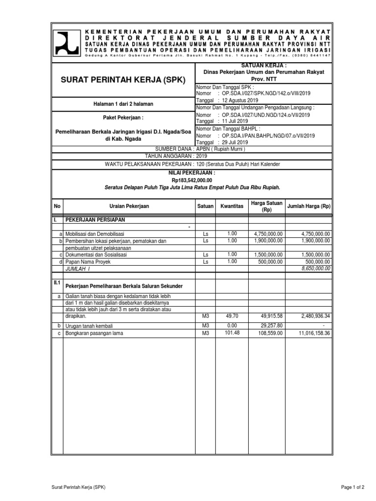 Surat Perintah Kerja (SPK) : Satuan Kerja: Dinas Pekerjaan Umum Dan Perumahan Rakyat Prov. NTT | PDF