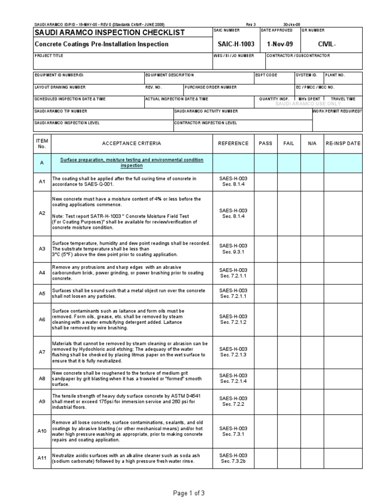 Saudi Aramco Inspection Checklist: Concrete Coatings Pre-Installation ...