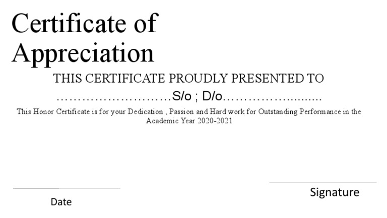 This Certificate Proudly Presented To S/o D/o ......... | PDF