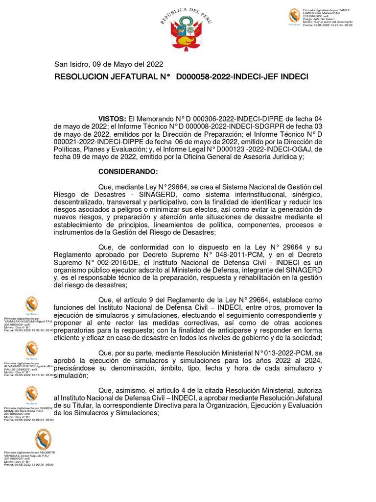 Simulacros Nacionales 2022-2024 INDECI | PDF | Defensa Civil | Simulación