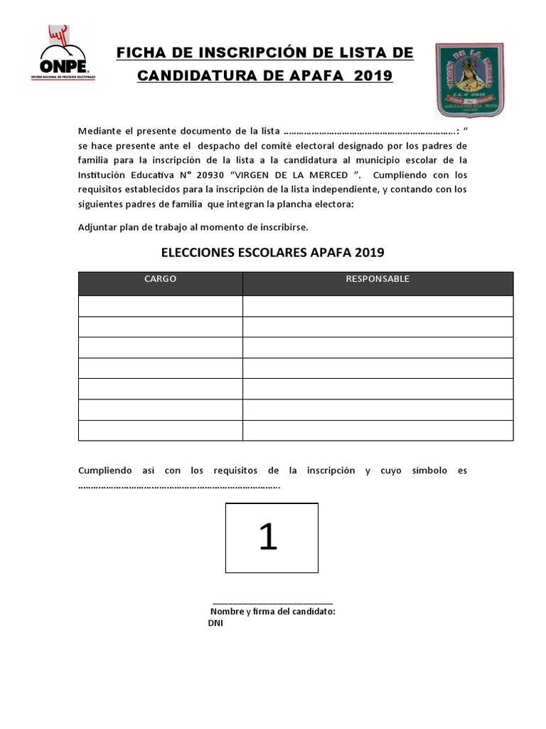Ficha de Inscripción de Lista de Candidatura de Apafa 2019 | PDF | Elecciones | Gobierno