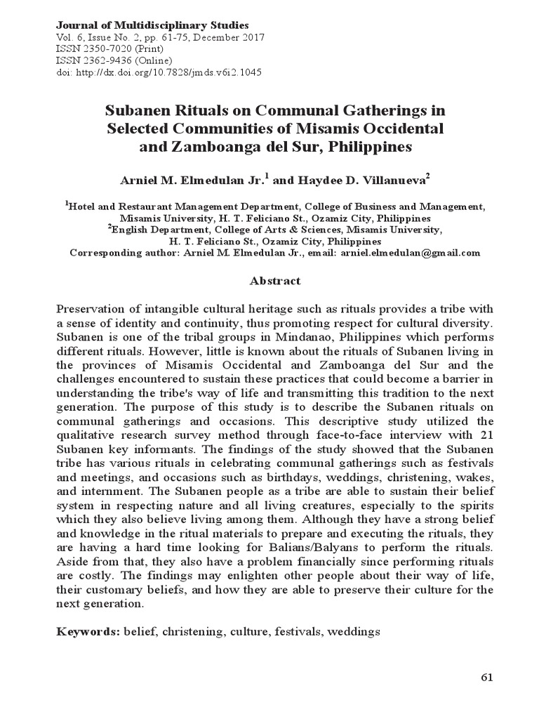 Subanen Rituals On Communal Gatherings in Selected Communities of ...